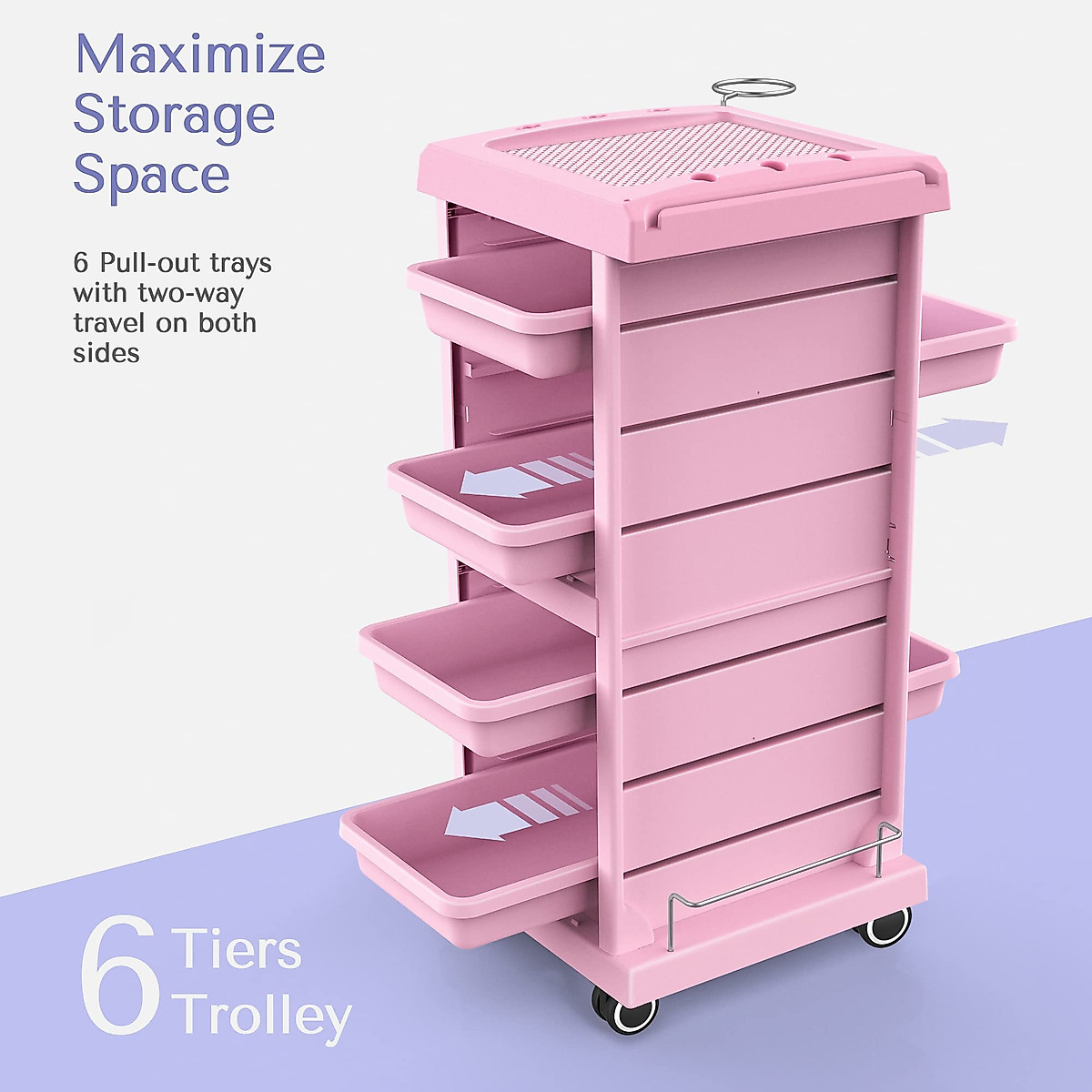 TASALON Salon Trolley Cart for Salon Station - Space Saving Salon Rolling Cart for Extra Storage - Hair Salon Beauty Cart - 6-Tray Salon Cart - Multipurpose Tool Cart - Tattoo Tray- Pink