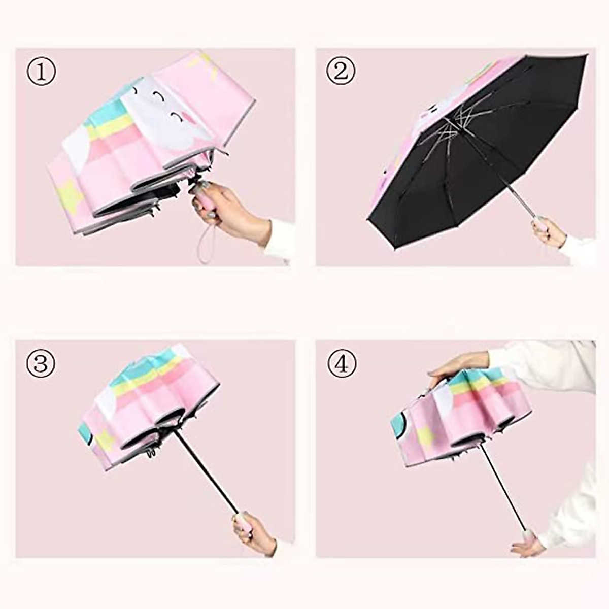 Hannstar Automatic Kids Umbrella, Folding Telescopic Toddler Umbrella for girls & boys, UV/Sun Protection - Strong and Portable - Compact, Durable, Lightweight Cute Kitty Brolly