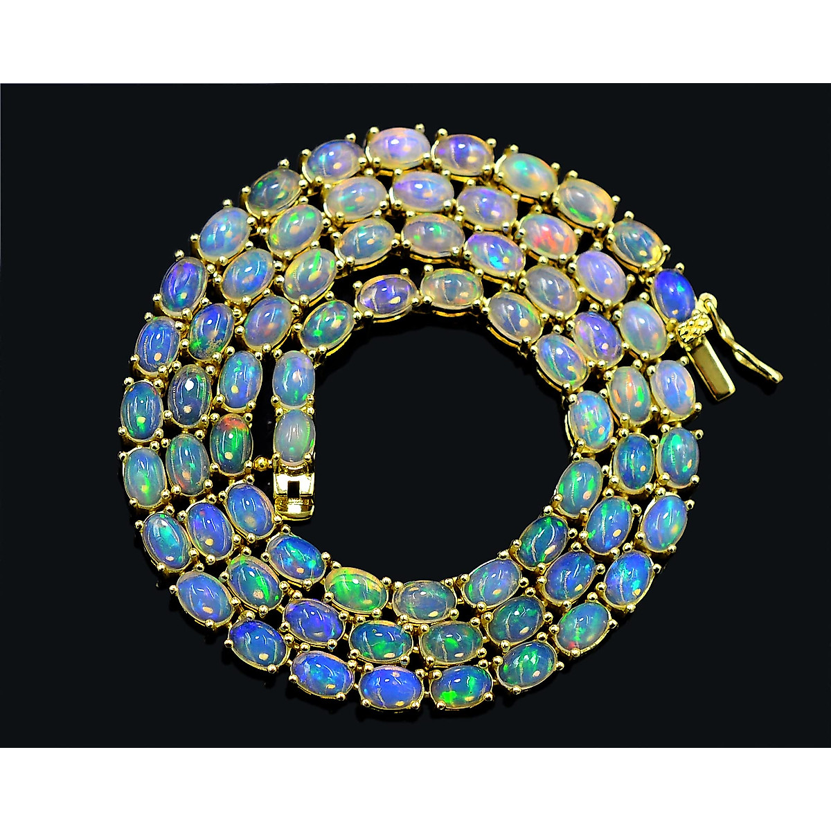 24.20 Carats Natural Ethiopian Welo Opal Cabochon Tennis Bracelet 925 Sterling Silver October Birthstone Jewelry Birthday Gift Love and Friendship Gift For Girlfriend Gift For Her (18 Inches, Sterling Silver)