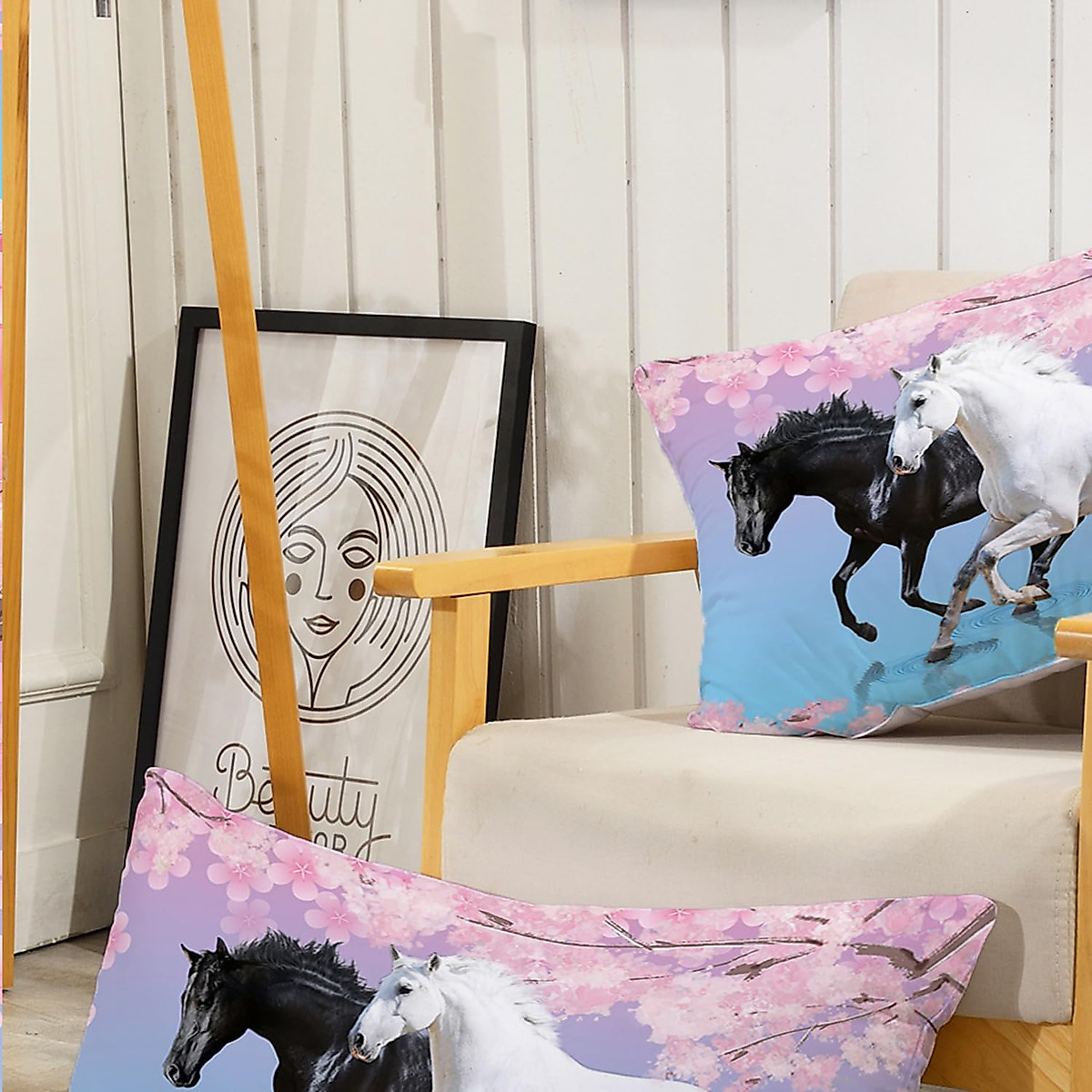 AILONEN Horse Bedding Set Twin XL Size - Galloping Black & White Horses Bed Sheet 3 Pieces Set for Kids Girls - Pink Cherry Sheet Animals Theme Fitted Sheet and 2 Pillowcases