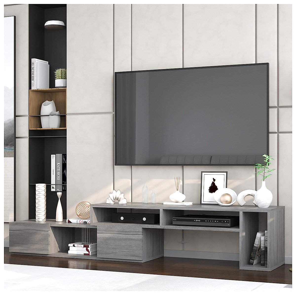TV Stands for Living Room - 53” Gray Entertainment Center with Storage Shelves & Cabinets - Multipurpose TV Stand with Storage - Gray TV Stands for Living Room for Game Console