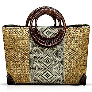 QTKJ Straw Bag, Summer Beach Handmade Rattan Tote Bag, Large Straw Woven Handbag, Boho Retro Rattan Bag for Women Vacation Beach Travel (Natural)