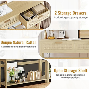 AWQM Rattan Console Table, Narrow Long Entryway Table with 2 Drawer, Modern Sofa Table with Open Shelf, Hallway Table for Living Room, Foyer, Bedroom, Oak