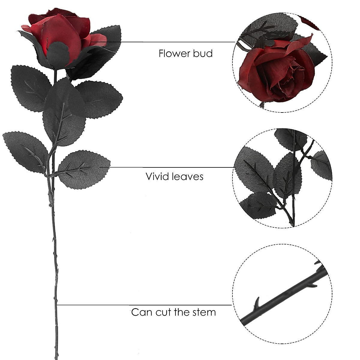 Tuzazo 10pcs Artificial Rose Flower Single Stem Fake Silk Flowers Bridal Wedding Bouquet, Realistic Blossom Flora for Home Garden Party Hotel Office Decorations (Burguandy and Black)