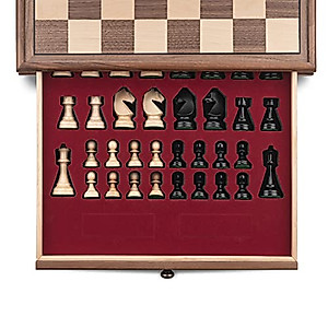A&A 15 inch Walnut Wooden Chess Sets w/ Storage Drawer / Triple Weighted Chess Pieces - 3.0 inch King Height/ Walnut Box w/Walnut & Maple Inlay / 2 Extra Queen / Classic 2 in 1 Board Games