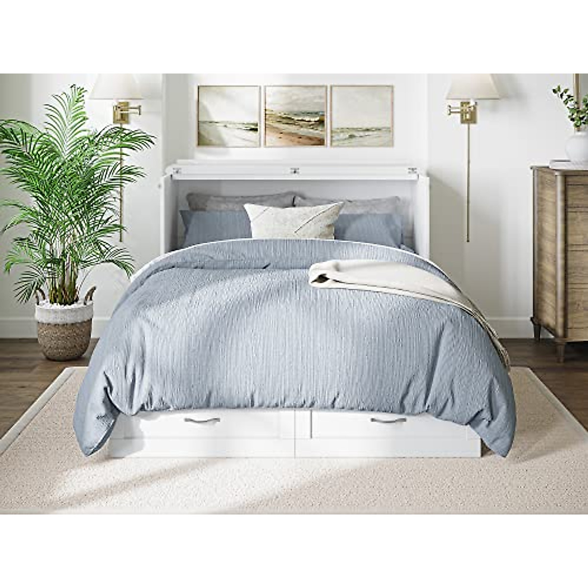 AFI, Hamilton Murphy Bed Chest with 6 inch Memory Foam Folding Mattress, Built-in Charging Station and Storage Drawer, Full, White