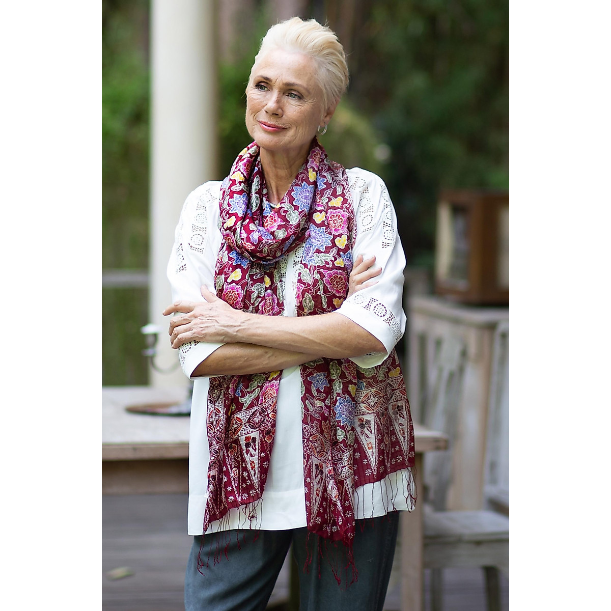 NOVICA Artisan Handmade | 100% Silk Batik Shawl Artisan Wrap Red Shawl | Lightweight Silk Shawl | Handmade Silk Batik Shawl | Travel Silk Shawl | Silk Scarf For Women | Patterned Floral Wine Garden