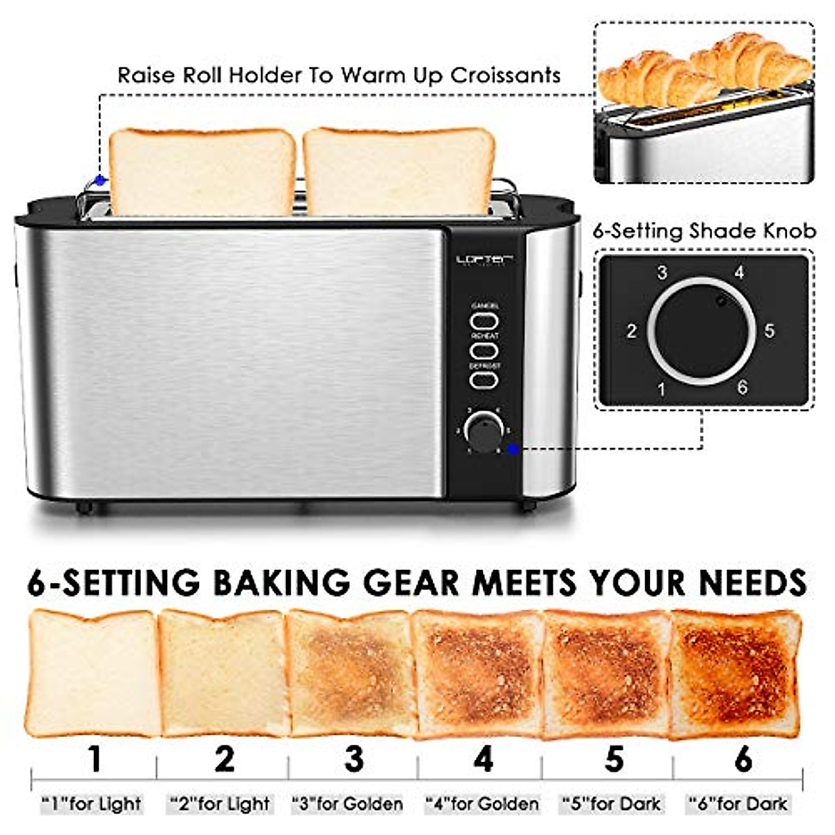 Long Slot Toaster, 2 Slice Toaster Best Rated Prime with Warming Rack, 1.7'' Extra Wide Slots Stainless Steel Toasters, 6 Bread Shade Settings, Defrost/Reheat/Cancel, Removable Crumb Tray, 1000W