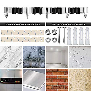 Favbal Garage Storage Stainless Steel Mop Broom Holder Wall Mount Heavy Duty Tools Hanger with 4 Racks 5 Hooks for Kitchen Bathroom Closet Garage Office Garden