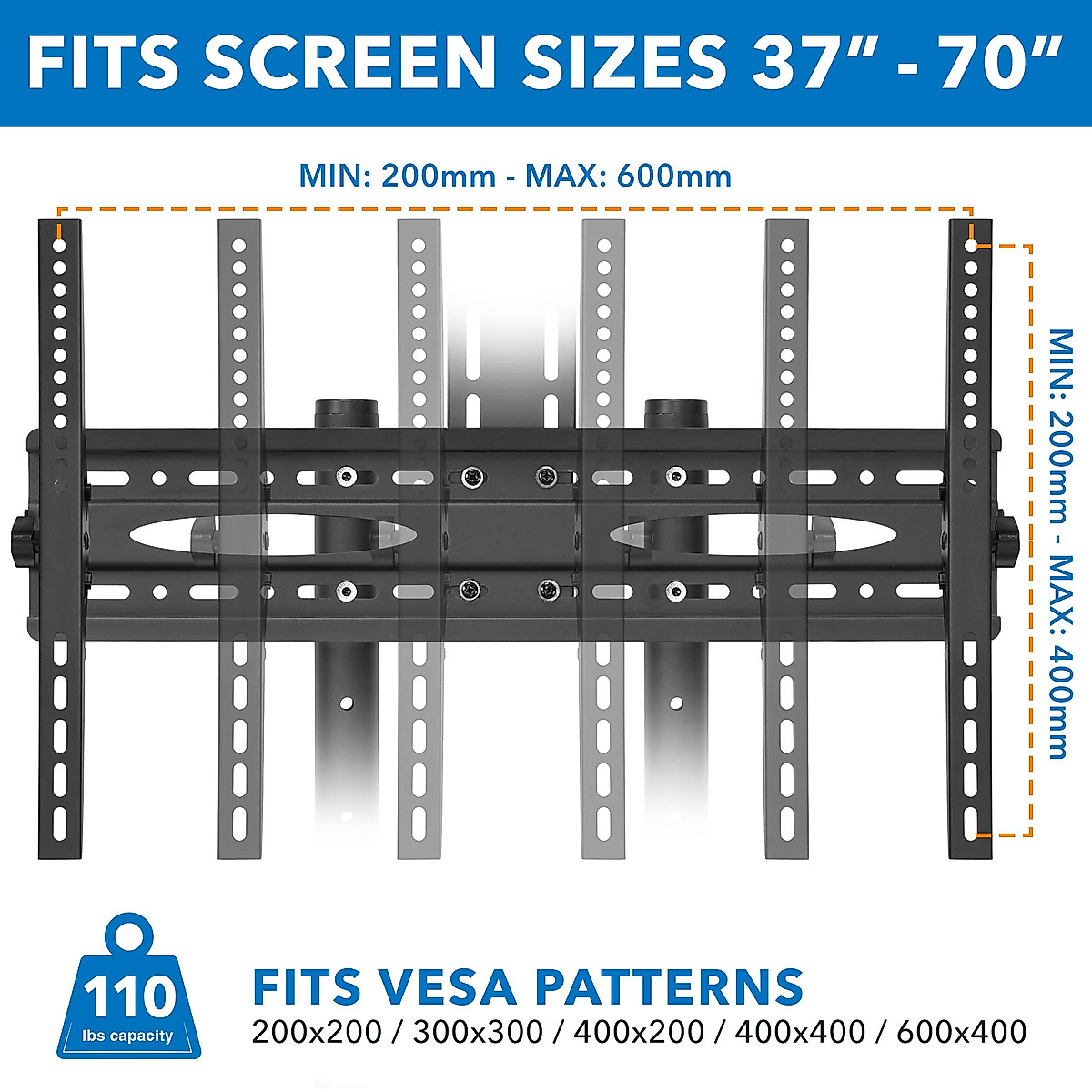 Mount-It! TV Cart Mobile TV Stand Wheeled Height Adjustable Flat Screen Television Floor Stands with Rolling Casters and Shelf, VESA Compatible TV Mount Bracket Fits Displays 37 to 70 Inch, 110 Lbs