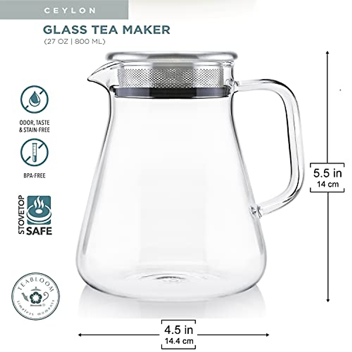 Teabloom One-Touch Tea Maker, 2-in-1 Kettle and Tea Steeper with Stainless Steel Filter Lid for Loose Tea – Heatproof Glass Teapot (27 Oz) – Tea Connoisseur's Choice