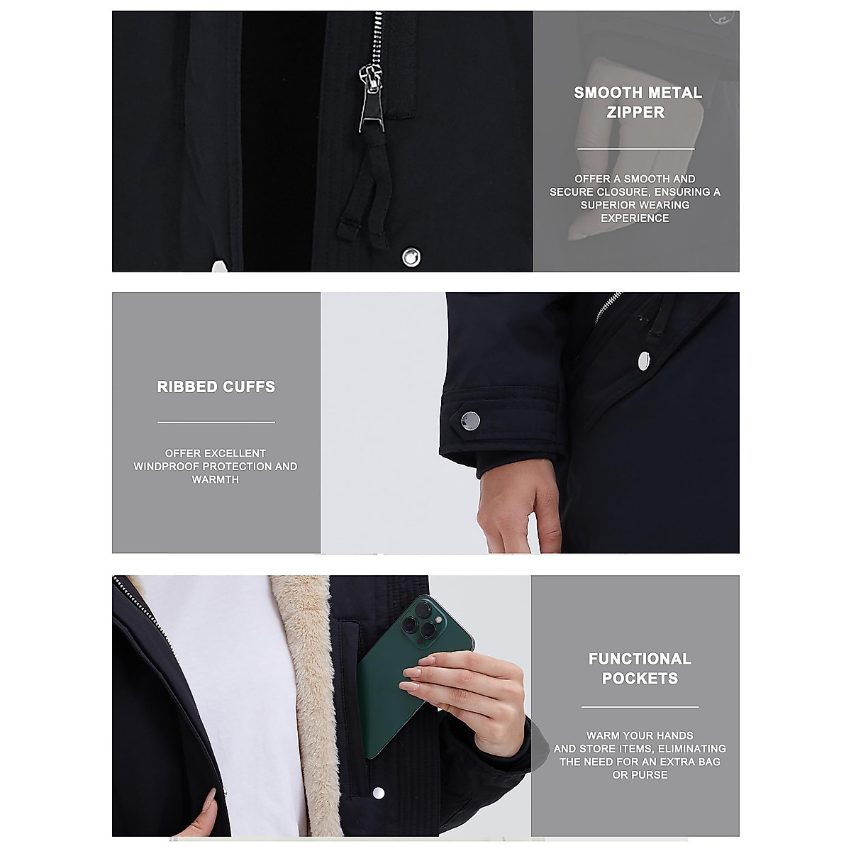 ROYAL MATRIX Women's Winter Coats Fleece Lined Parka Jacket Hooded Long Winter Warm Parka Coat with Pockets Black,8