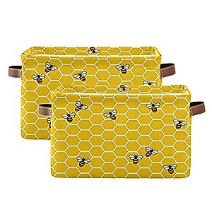 DEHOZO Storage Basket Bins, Honeycomb Bees Geometric Collapsible Storage Cubes Organizer with Handles, Closet Shelves Clothes Storage Box Toys Organizer for Bedroom Living Room, 2pcs