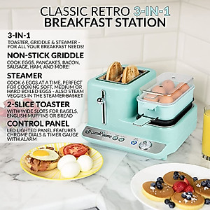 MONIK Classic Retro 3 in 1 Breakfast Station, 2 Wide Slot Toaster with Adjustable Bake Controls, 6 Capacity Egg Boiler