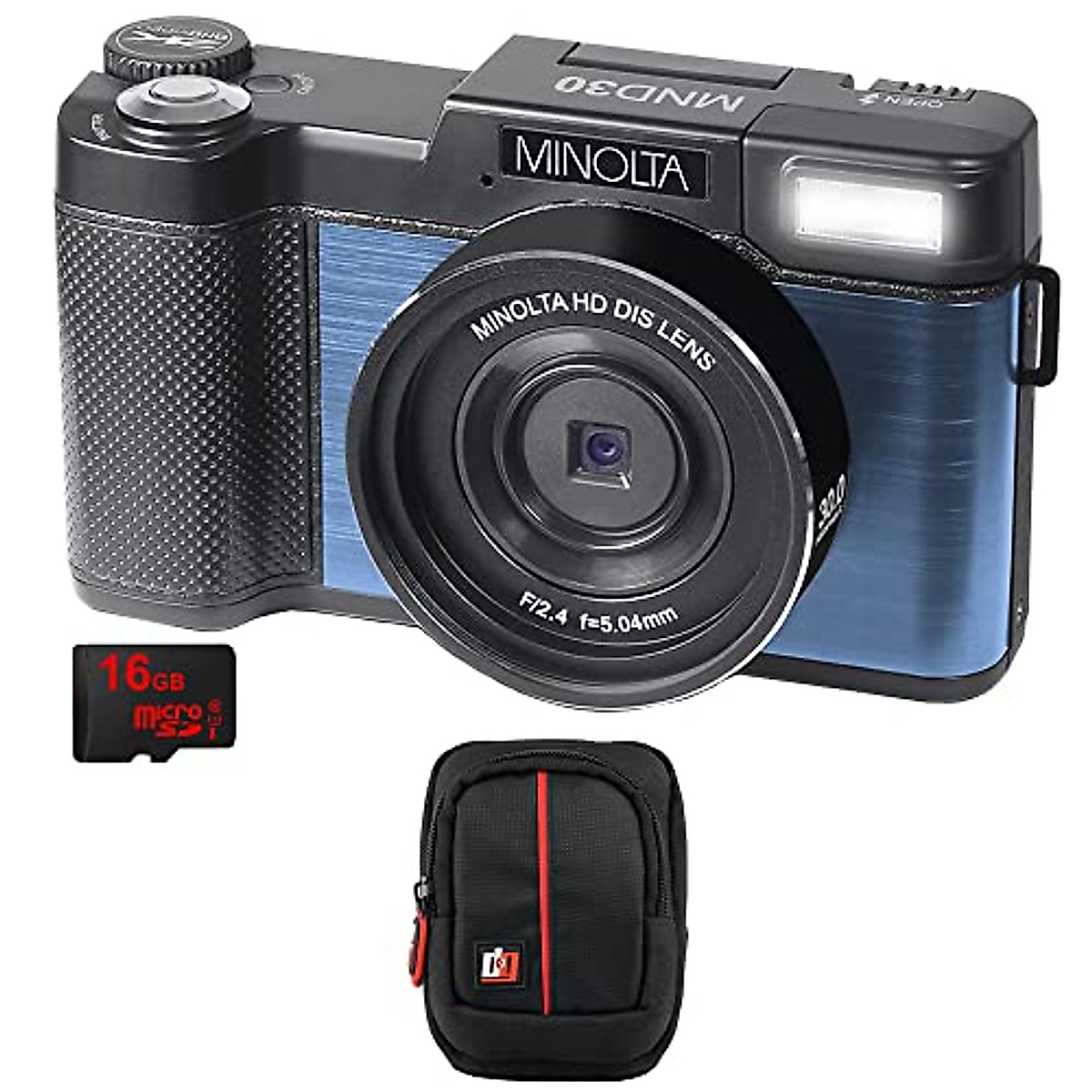 Minolta MND30-BL 30MP 2.7K Ultra HD 4X Zoom Digital Camera (Blue) Bundle with Deco Photo Point and Shoot Field Bag Camera Case (Black/Red)