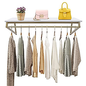 Clothes Rack with Top Shelf, Modern Simple Clothing Store Heavy Duty Metal and Wood Display Stand Wall-Mounted Garment Rack, Clothes Rail, Bathroom Hanging Towel Rack