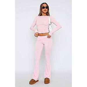 Goafuliy Women's Flare Leggings - Buttery Soft Waisted Workout Lounge Bell Bottom Cotton Yoga Pants Stretch Trousers S Light Pink