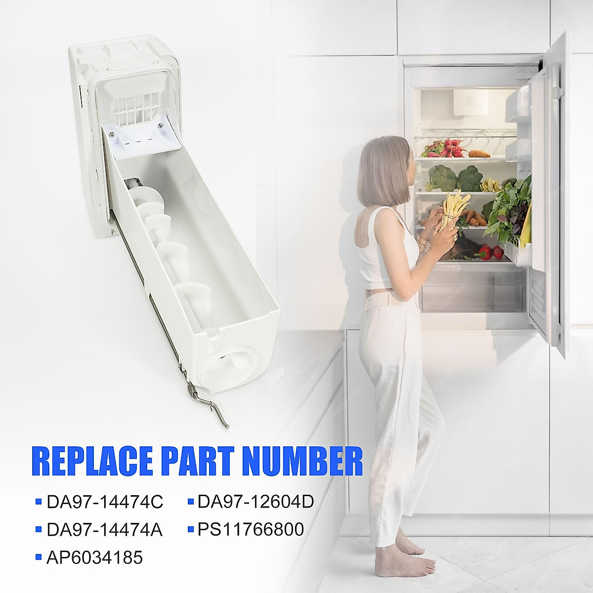 loosoo DA97-14474C Refrigerator Ice Container Bucket Tray Assembly DA97-14474A Compatible with Samsung Ice Maker Bin Parts RF25H/RF263/RF265/RF26J/RF28H/RF28J/RF28K/RF28M/RF28N/RF30H/RF30K/RF31F/RF32F