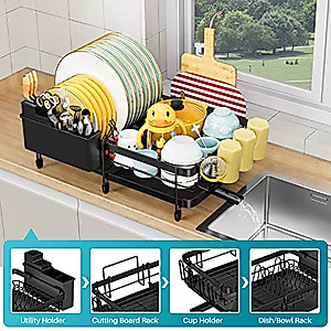 YKLSLH Expandable Dish Drying Rack Dish Racks for Kitchen Counter, Space Saving Dish Rack,Durable Kitchen Drying Rack with Drainboard, Glass Holder, Utensil Holder - Black
