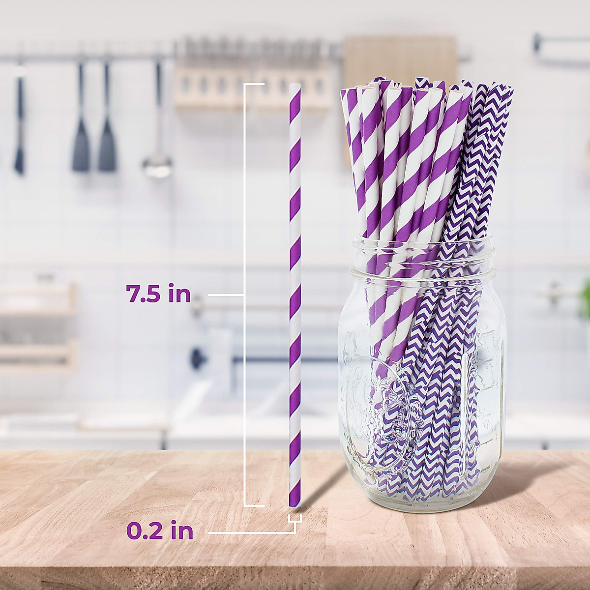 Party On Tap Purple Straws - 50 Pack Of Biodegradable Striped Paper Straws For Parties, Cake Pop Sticks, And More