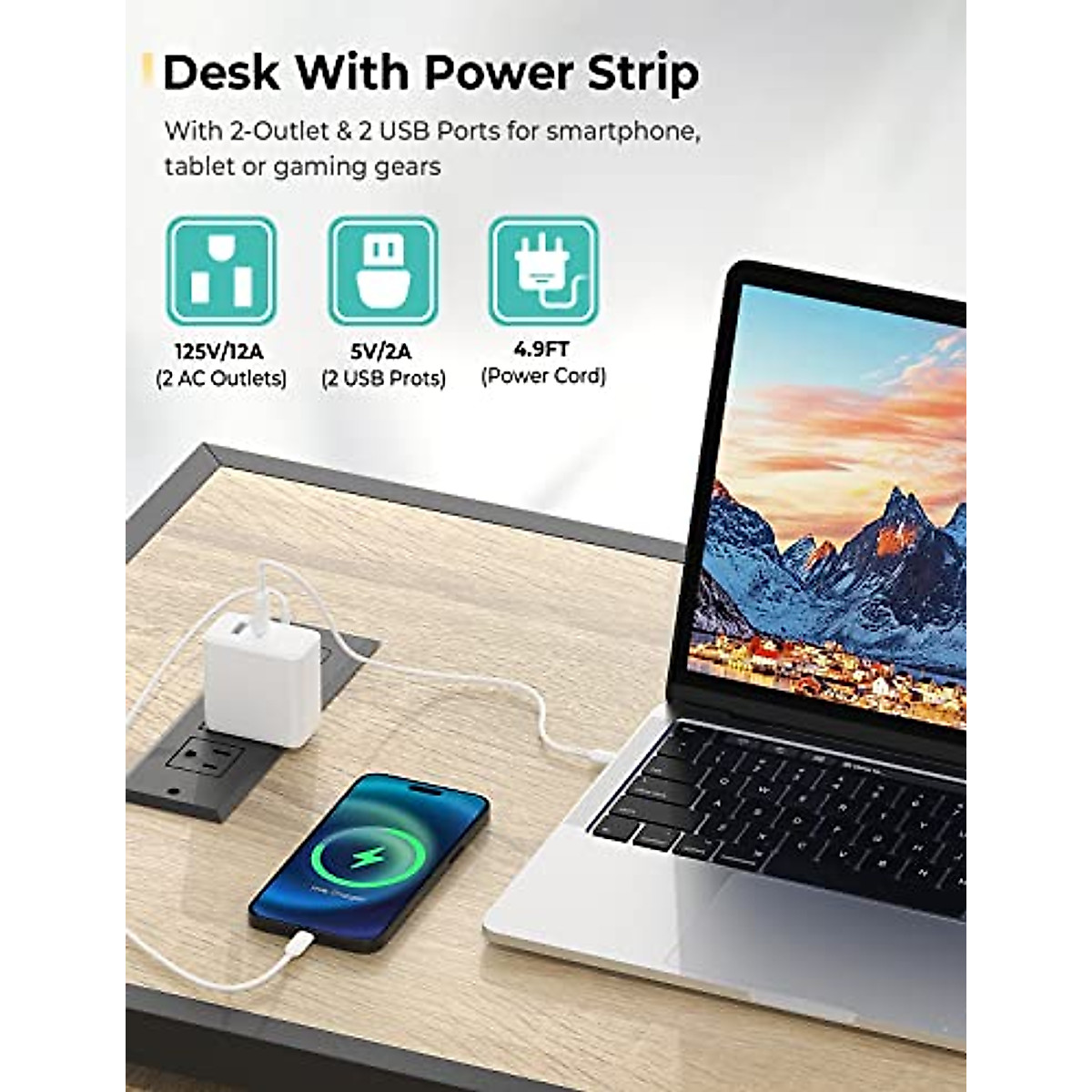 55" L Shaped Computer Desk with Power Outlets for Home Office Desks, Wooden Gaming Desk with Storage Shelves/Bag, Modern Simple Corner Desk for Small Space Student Study Writing L Shaped Desk, Oak