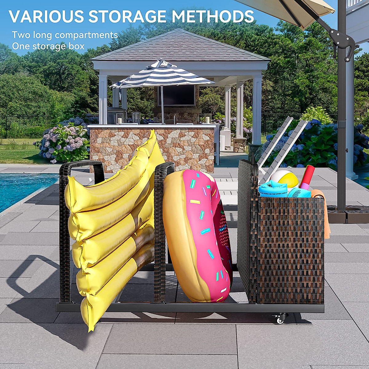 YITAHOME Outdoor Wicker Patio Poolside Float Storage, PE Rattan Rolling Pool Float Caddy for cushions, Floaties, Noodles, Life Vests, Beach Balls, Toys, Patio Furniture (Brown)