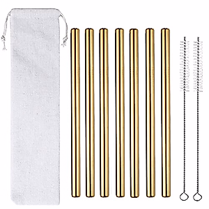 7 Pcs 8.5" Reusable Boba Drinking Straws 304 Stainless Steel Straws Set with 2 Cleaning Brushes Wide Metal Straw for Bubble Tea Milkshakes Smoothie Bar Accessory (Gold)