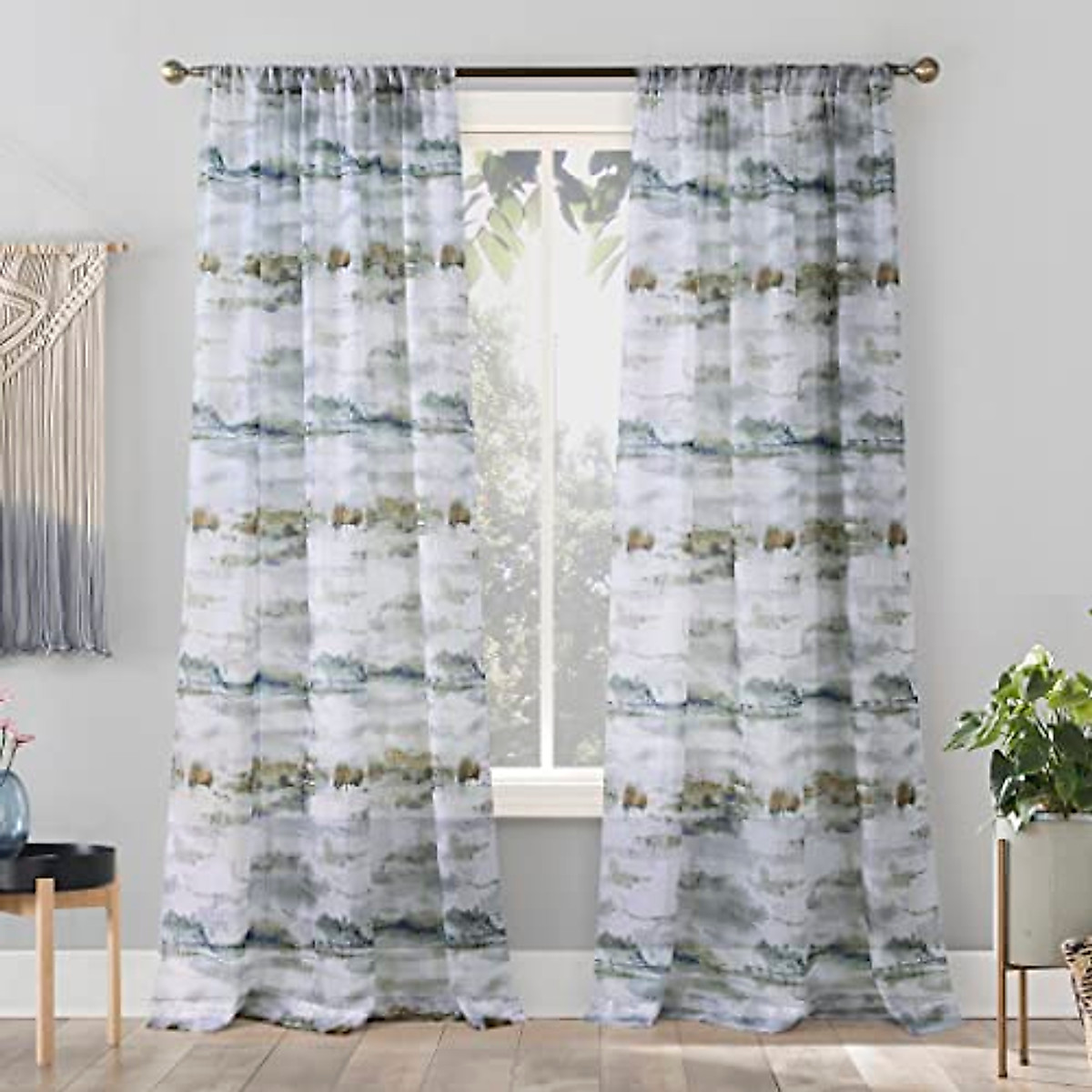 No. 918 Picasso Crushed Sheer Voile Rod Pocket Curtain Panel, 51" x 63", Grey