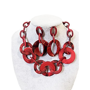 Ufraky Women Simple Acrylic Collar Choker Cluster Bib Statement Chain Necklace and Hoop Earring Jewelry Set, 18" (Red)