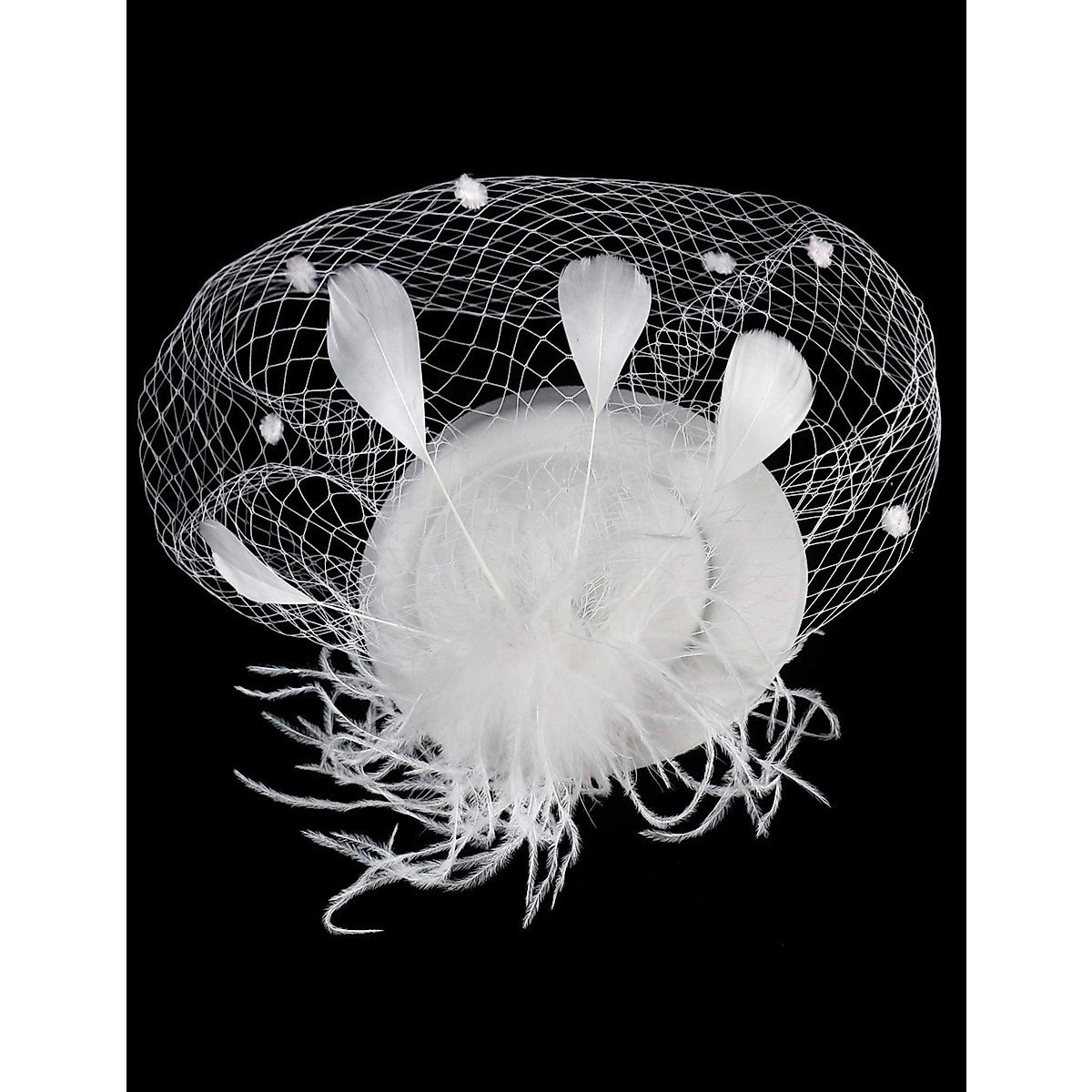 Gionforsy Kentucky Derby Hat Fascinator Veil Fascinator Headband Lace Gloves Imitation Pearl Necklace Earrings Feather Pillbox Fascinator for Wedding Tea Party (Style 1-White)