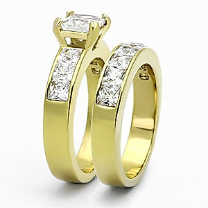 Marimor Jewelry His and Her 14K Gold Plated Stainless Steel 3 Piece Wedding Engagement Ring and Men's Band Set Women's Size 09 Men's 06mm Size 13
