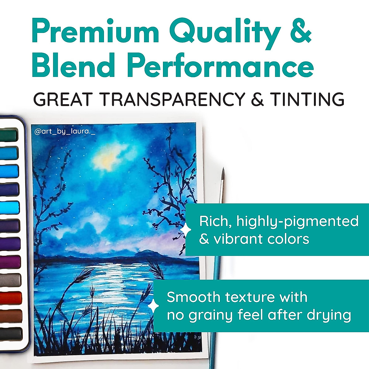 MozArt Supplies Watercolor Paint Essential Set - 24 Vibrant Colors - Lightweight and Portable - Perfect for Budding Hobbyists and Professional Artists - Paintbrush Included