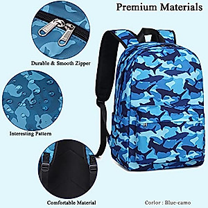 Octsky Kids Backpack for School Girls Boys Backpack with Lunch Box Set Elementary High School Book Bag Backpack for Teens Camo Shark Blue