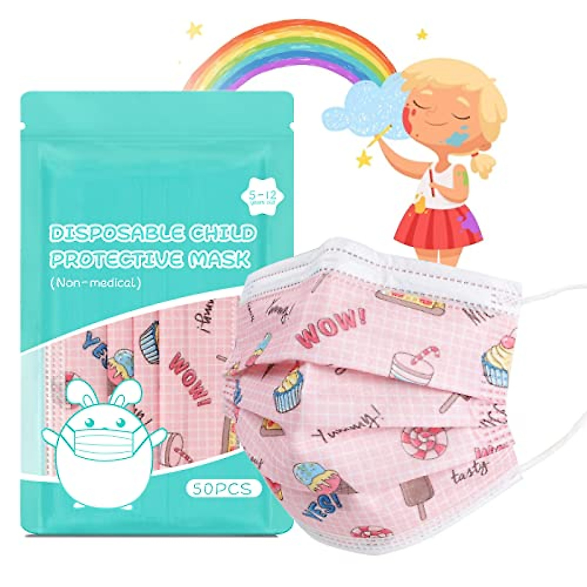 Assacalynn Disposable Kids Face Mask 50 Pcs Pink, Breathable Lightweight Kids Masks for Boys Girls, Masks for Kids with Cute Pink Cartoon Pattern