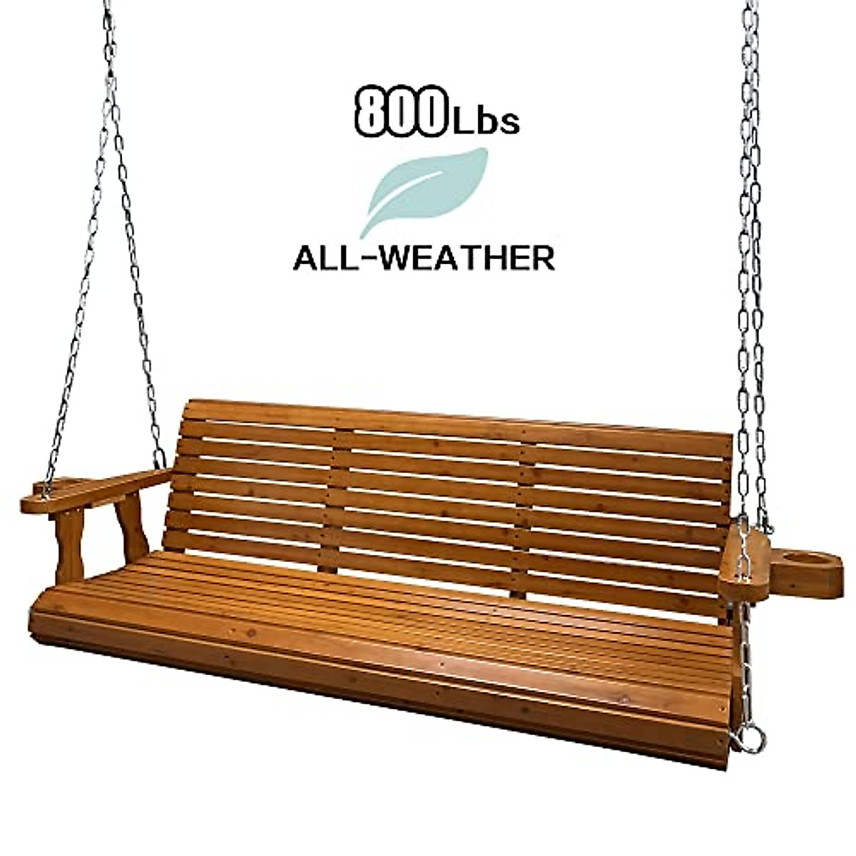 Wooden Porch Swing 3-Seater, Bench Swing with Cupholders, Hanging Chains and 7mm Springs, Heavy Duty 800 LBS, for Outdoor Patio Garden Yard, Brown-5 feet