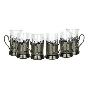 Combination 6 Russian CUT Crystal Drinking Tea Glasses W/metal Glass Holders "Podstakannik" for Hot or Cold Liquids