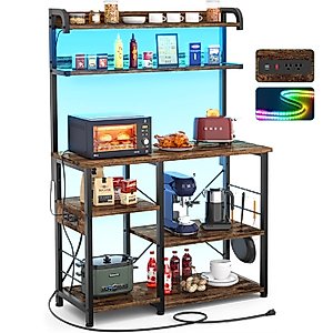 Topfurny Bakers Rack with Power Outlets and Led Lights, Coffee Station, Kitchen Storage Shelf, 7-Tier Microwave Stand Cart Coffee Bar Table Organizer, for Spice, Pots and Pans Organizer, Rustic Brown