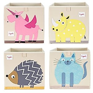 3 Sprouts Large 13 Inch Square Children's Foldable Fabric Storage Cube Organizer Box Toy Bin, Blue Cat, Pet Hedgehog, Pink Unicorn, and Yellow Rhino