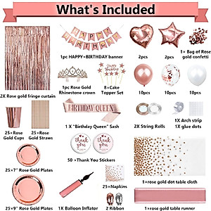 Party spot! 253 Pcs Birthday Decorations For Women, Rose Gold Party Decorations, Happy Birthday Decorations - Balloon Stand Kit, Tableware Kit,Pump, Banner, Tassel Curtain,Balloon, For 25 Guests