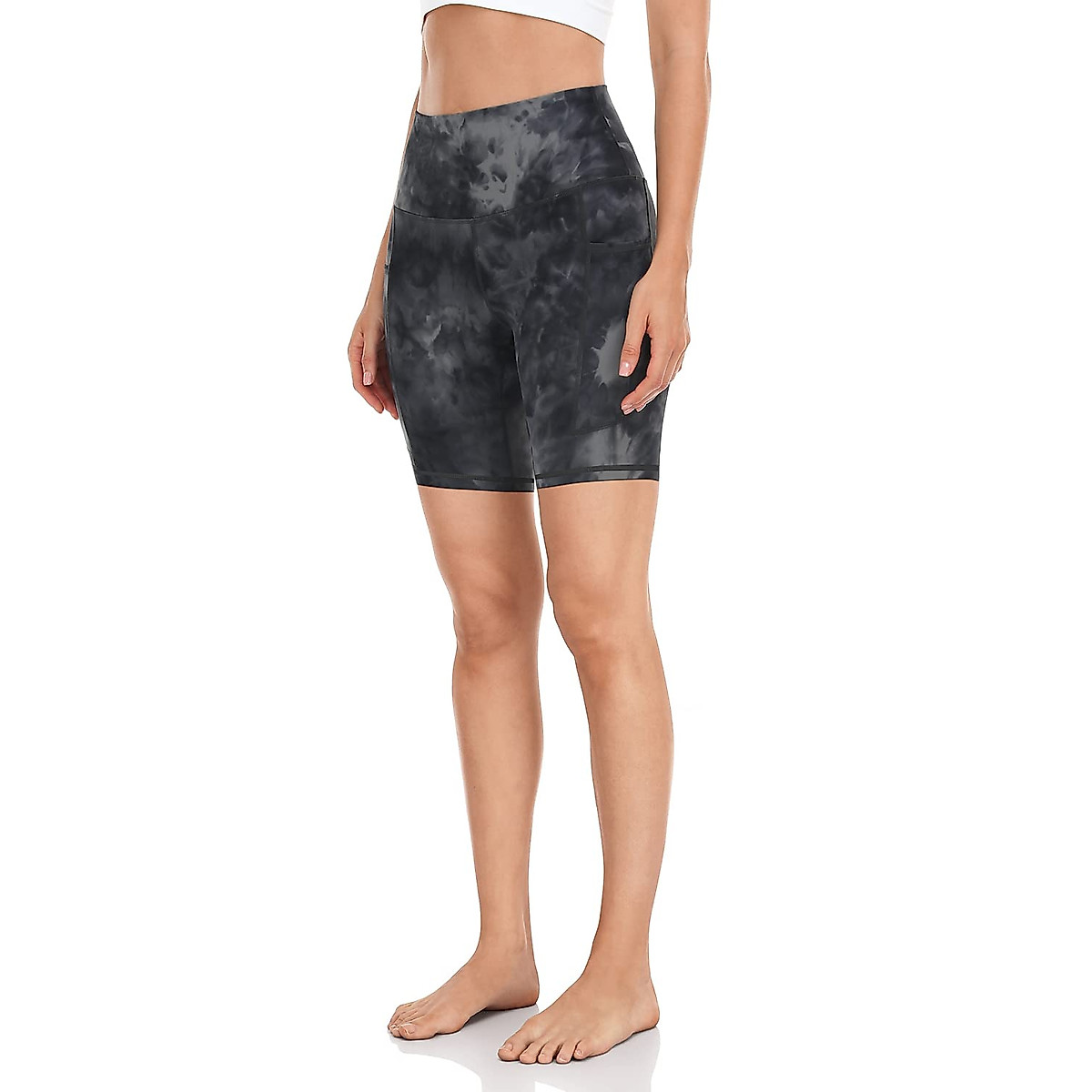 HeyNuts High Waisted Biker Shorts with Pockets for Women, Workout Compression Yoga Leggings Cycling Shorts 8'' Diamond Dye Coal Black M(8/10)