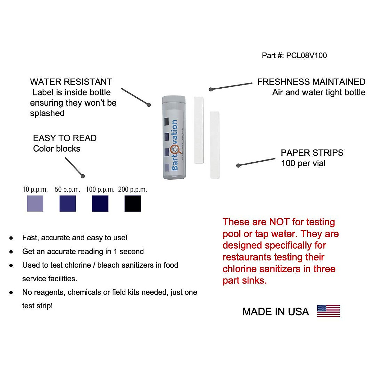 Chlorine Test Strips for Restaurant Sanitizer Bleach Test Paper, 10-200 ppm [6 Vials of 100 Paper Strips]