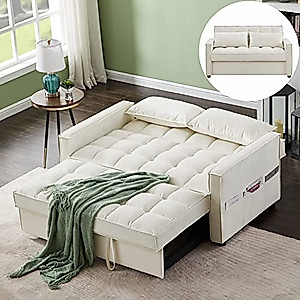 Infirleo Pull Out Sofa Sleeper, 3-in-1 Convertible Sleeper Sofa Bed for Living Room Apartment, 58" Velvet Sleeper Loveseat Pull Out Bed, Adjustable Backrest, 2 Pillows and Side Pockets (Beige)