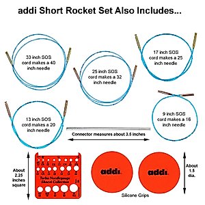 addi Click Rocket Lace Short 3.5-Inch Interchangeable Circular Knitting Needle Set Sizes US 4, 5, 6, 7, 8, 9, 10 and 11 with 5 Blue Cords, Brown Canvas Case with Project Bag