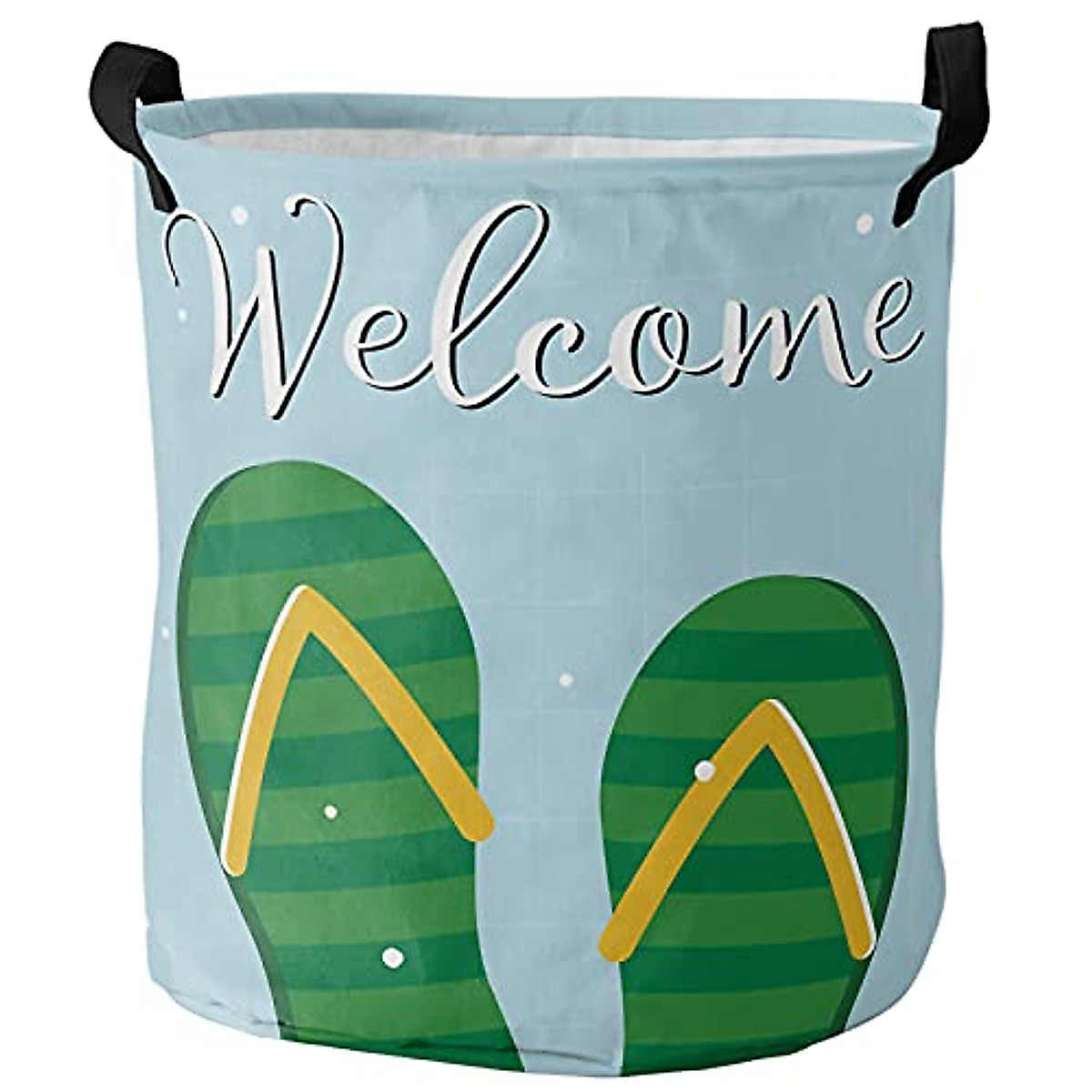 Laundry Basket Hamper with Handles, Cartoon Summer Flip Flop Waterproof Laundry Bin Foldable Clothes Basket for Storage Toys and Clothing Text Welcome Blue Backdrop 16.5x17 Inch