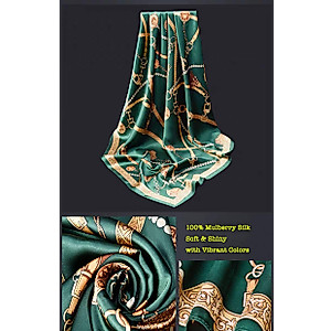 ANDANTINO 100% Pure Mulberry Silk Small Square Scarf -21'' x 21''- Breathable Lightweight Neckerchief -Digital Printed Headscarf (Blackish Green)