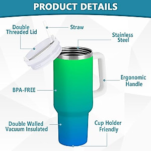 MCHIVER Green Blue Gradient 30 oz Tumbler with Handle and Straw Stainless Steel Vacuum Water Bottle Leak-proof Travel Coffee Mug Insulated Cup for Office Home Car