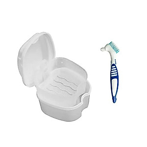 AmeriCan Goods Denture Bath Box with Denture Cleaner Brush Denture Bath Case with Rinsing Basket Tray Container (White)