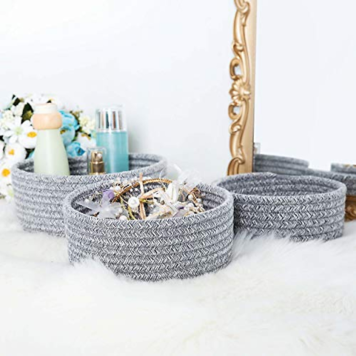 MINTWOOD Design Set of 3 Cotton Rope Nesting Bowls, Small Catch All Basket, Cute Closet Baskets and Bins for Shelves, Mini Table Basket Organizer for Small Accessories, Light Gray Mix