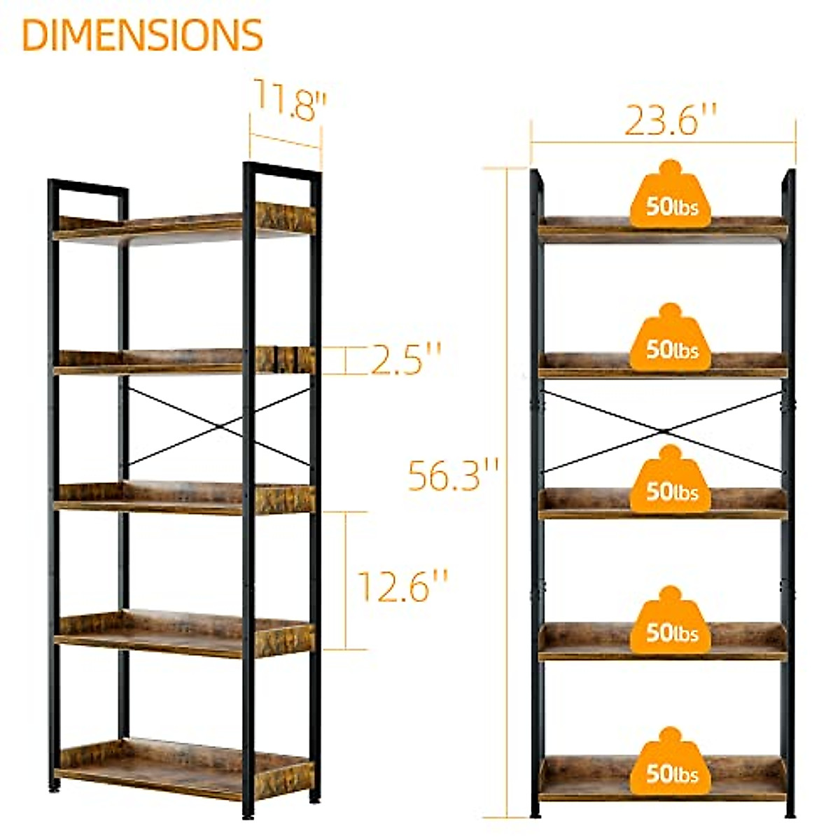 APPOLYN 5 Tier Bookshelf with 2 Hooks, Tall Bookcase, Modern Book Shelves Organizer, Bookshelves for Bedroom, Living Room and Home Office, Vintage