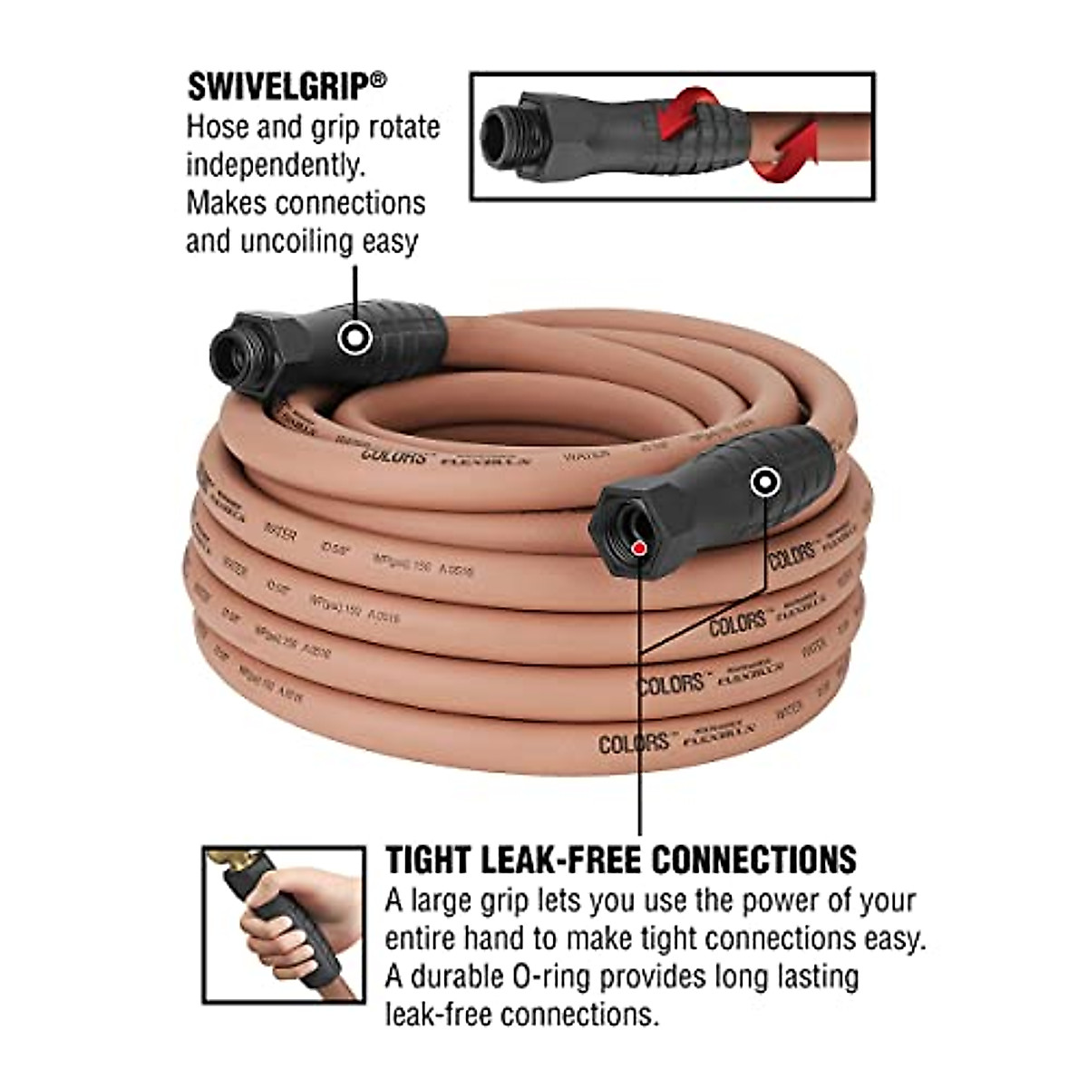 Flexzilla Colors Garden Hose with SwivelGrip, 5/8 in. x 50 ft., Drinking Water Safe, Red Clay - HFZC550TCS